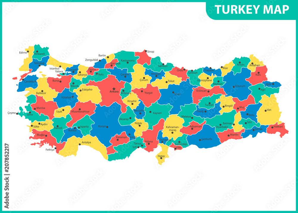 The detailed map of Turkey with regions or states and cities, capital ...