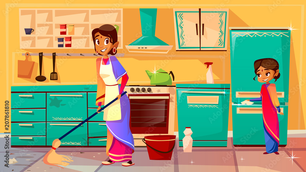 Housewife cleaning kitchen vector illustration of Indian mother in sari ...