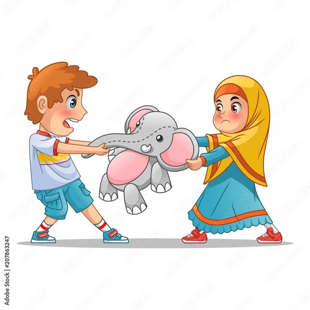 Muslim girl and boy fighting over a doll cartoon character design ...