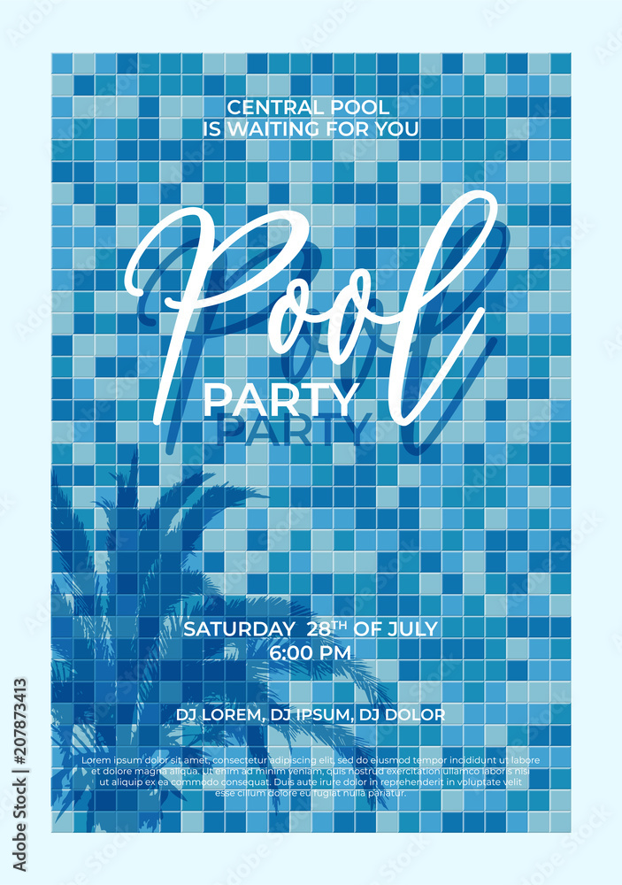 Pool party announcement template. Vector palm tree shadow and Pool ...