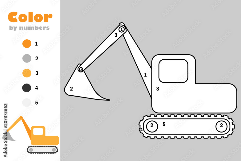 Excavator in cartoon style, color by number, education paper game for ...