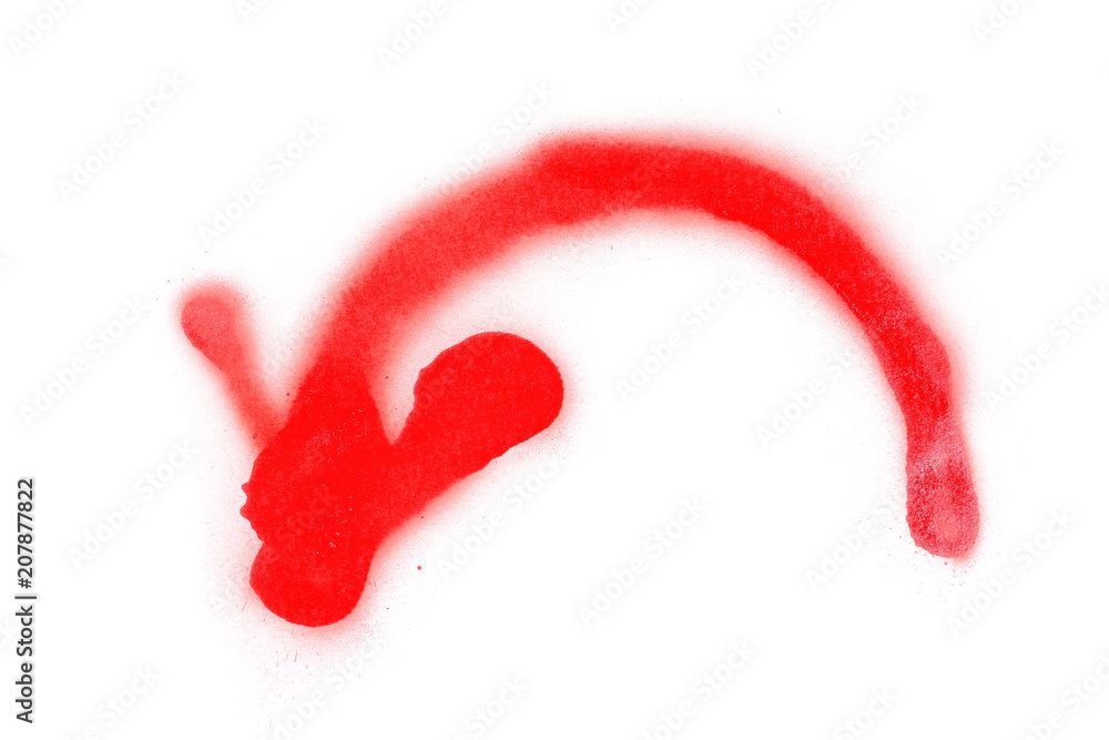 Red spray stain, graffiti curved arrow isolated on white background ...