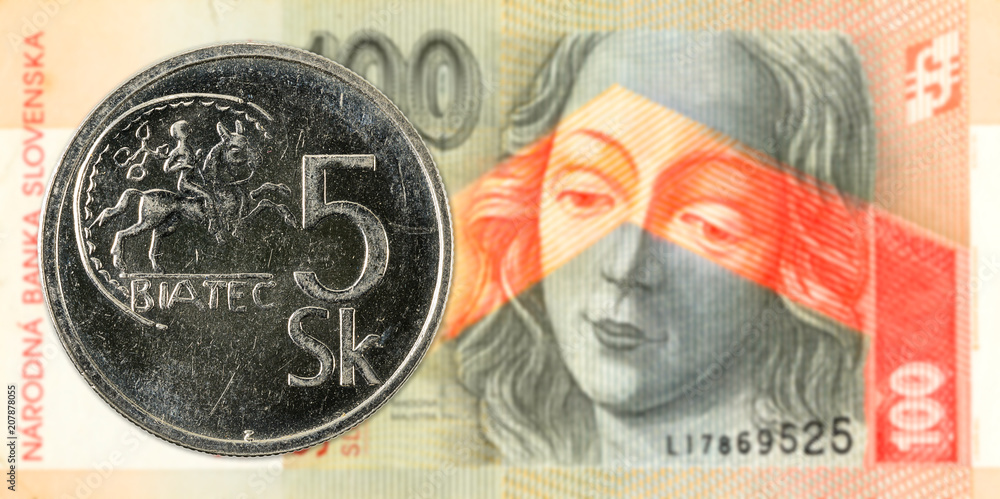 5 slovak koruna coin against 100 slovak koruna banknote obverse Stock ...