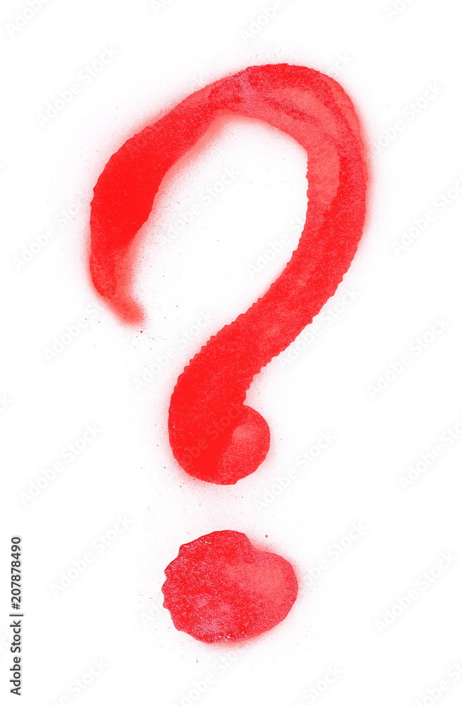 Red spray stain, graffiti question mark isolated on white background ...