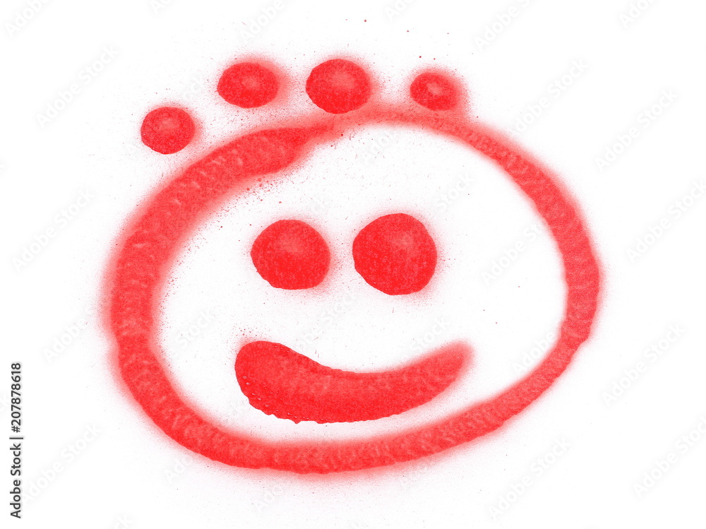 Red spray stain, graffiti smiley face, emoji isolated on white ...