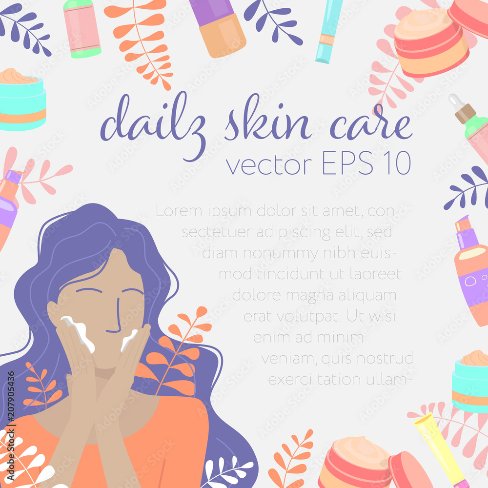 Flat vector illustration of a woman. Daily skin care. Skin care ...