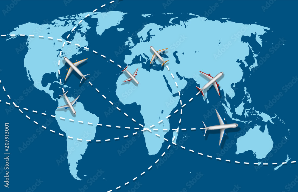 Business trip banner with Airplane and world map background ...
