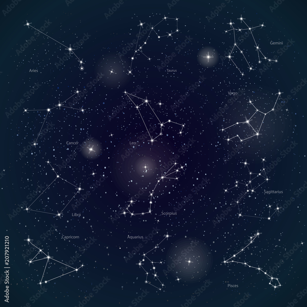 Set of zodiac constellations. Vector space and stars illustration ...