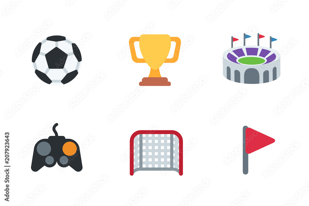 Football, soccer flat icons set. Ball, trophy cup, joy stick, stadium ...