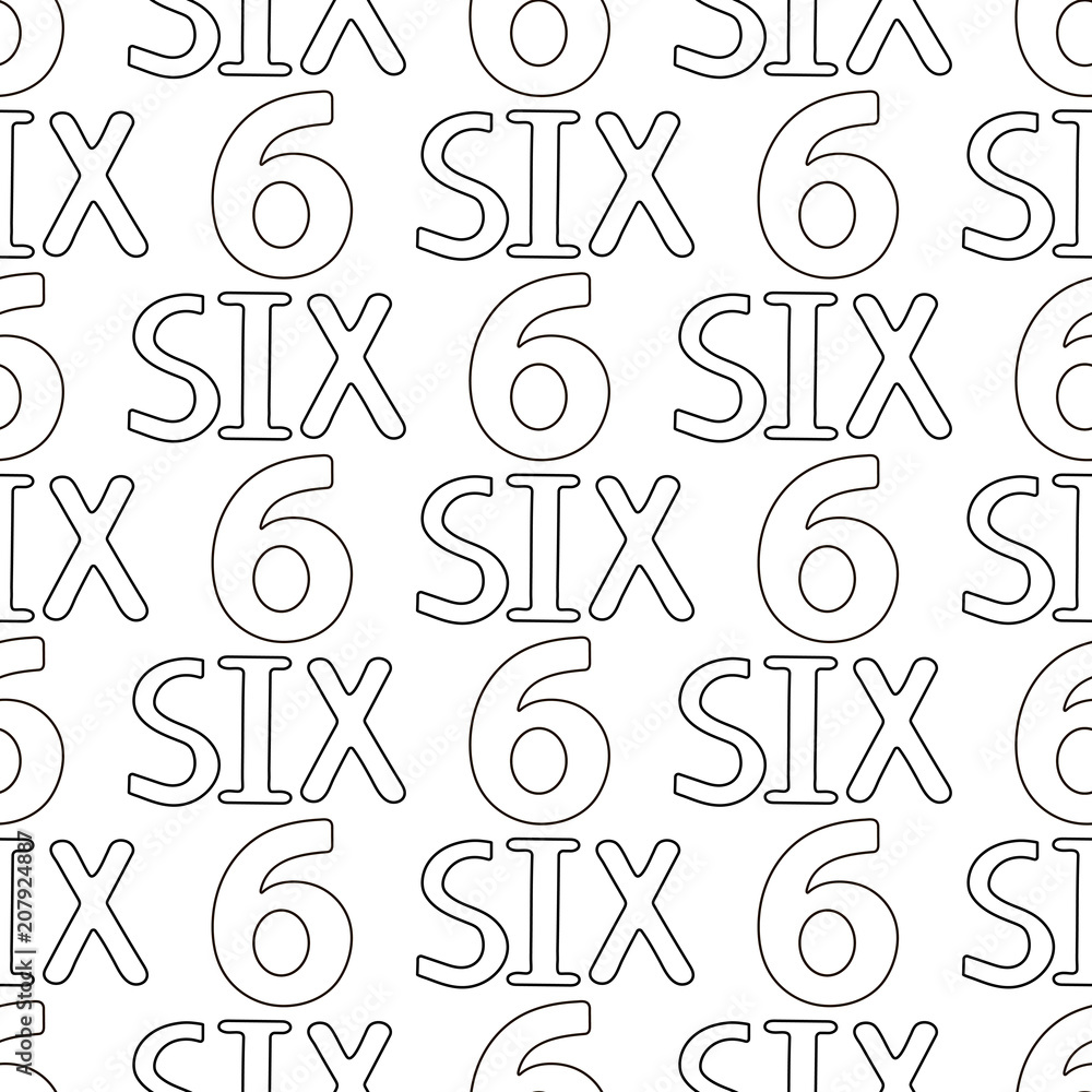 Seamless pattern with numeral and word six. Coloring page. Stock Vector ...