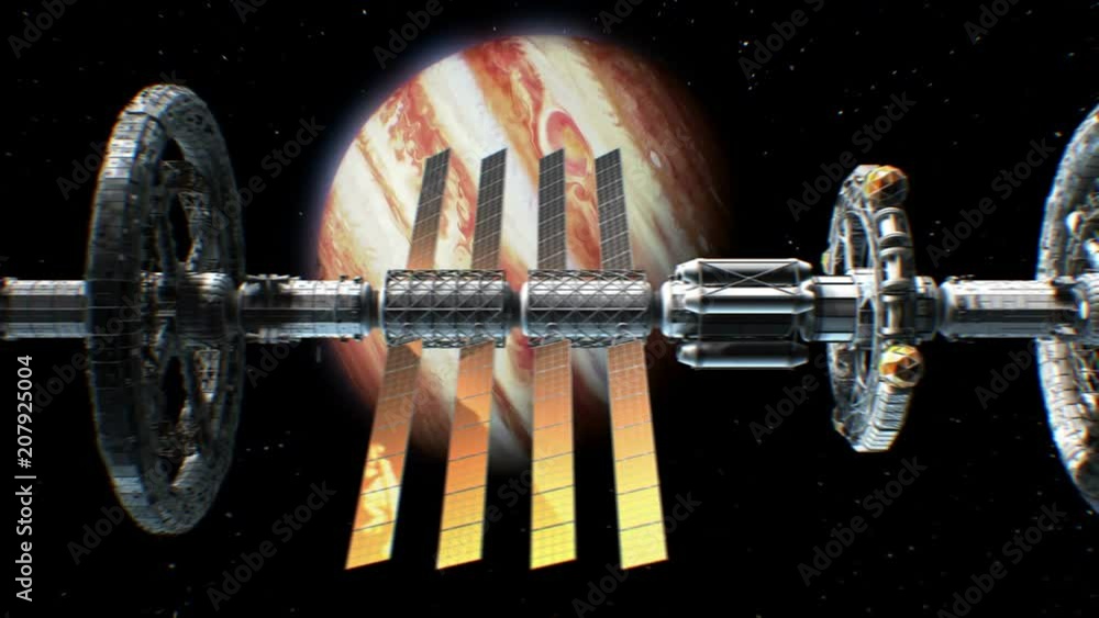 Side view of a giant sci-fi interplanetary spaceship flying on Jupiter ...