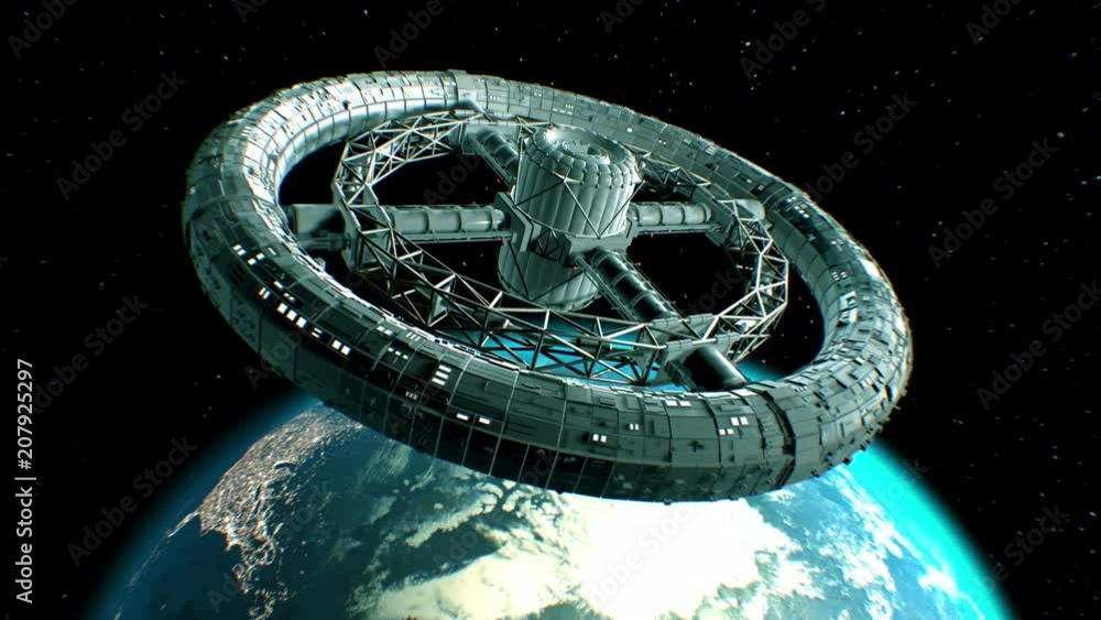 Vidéo Stock Circular space station. Giant sci-fi torus rotate on Earth ...