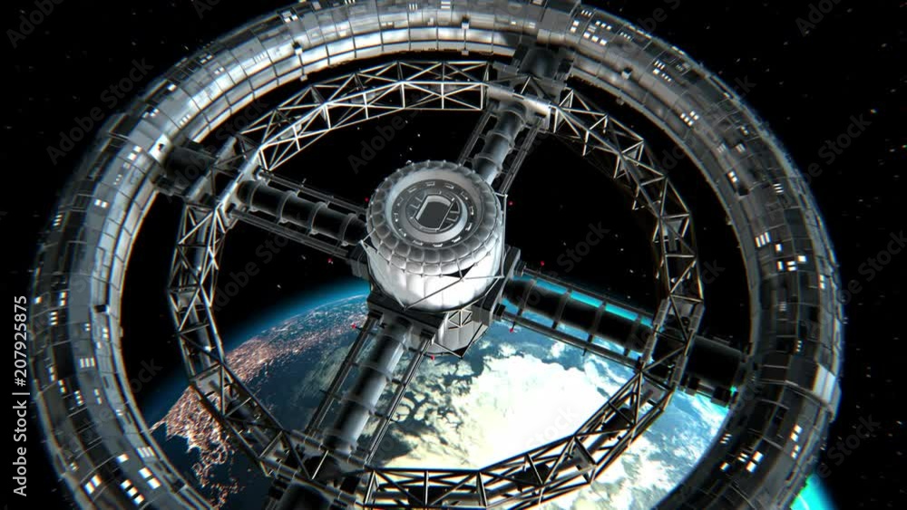 Giant sci-fi torus. Circular space station rotate on Earth background ...