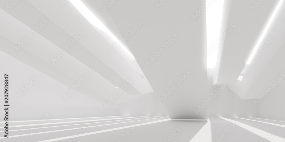 3D stimulate of white interior space with sun light cast the roof ...