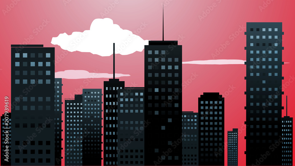 Vector drawing skyscrapers with red sky clouds at night, city concept ...