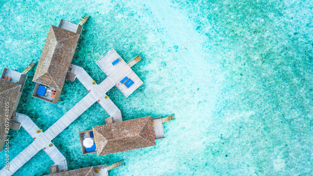 Aerial top view water villa at Maldives island, Beautiful tropical ...