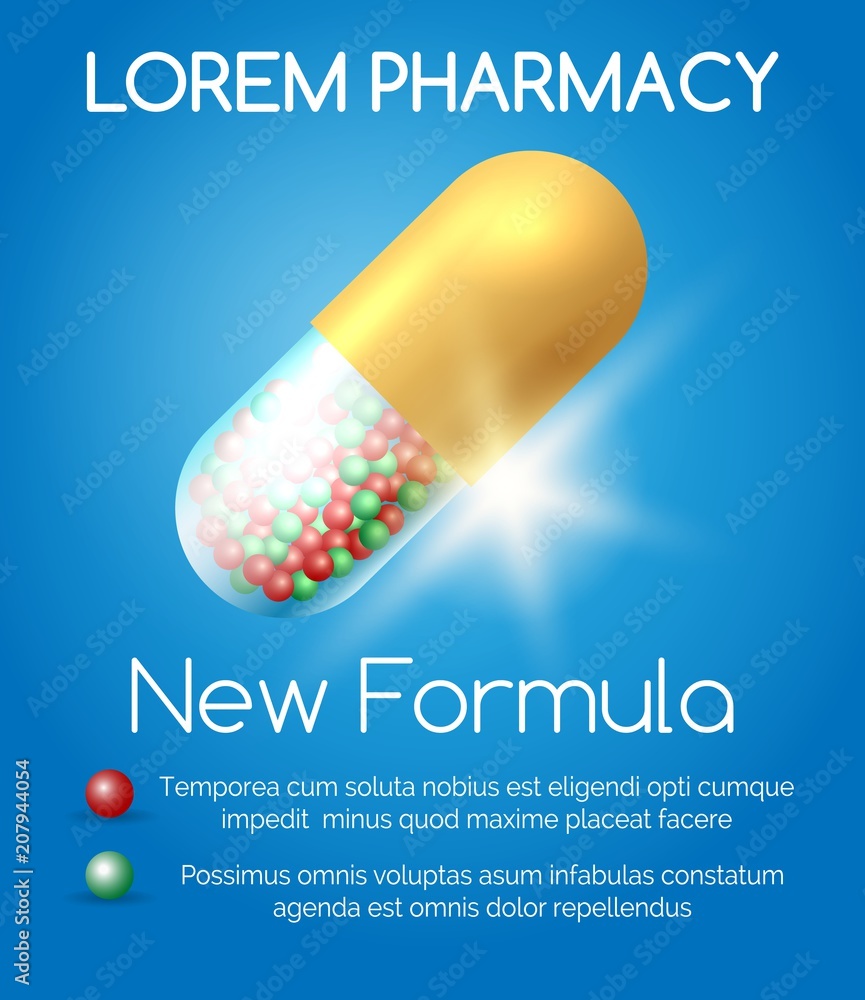 Pharmacy poster with pill. Heart care capsule blue pharmaceutical ...