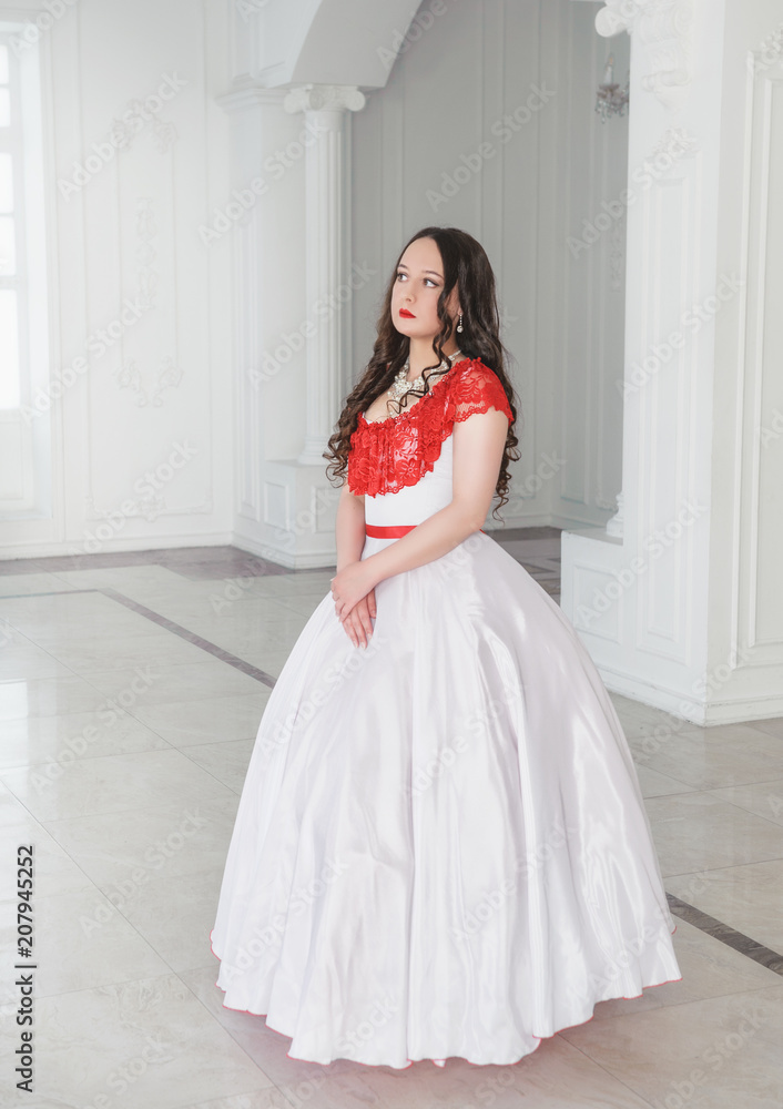 Beautiful woman in medieval dress with crinoline in the hall Stock ...