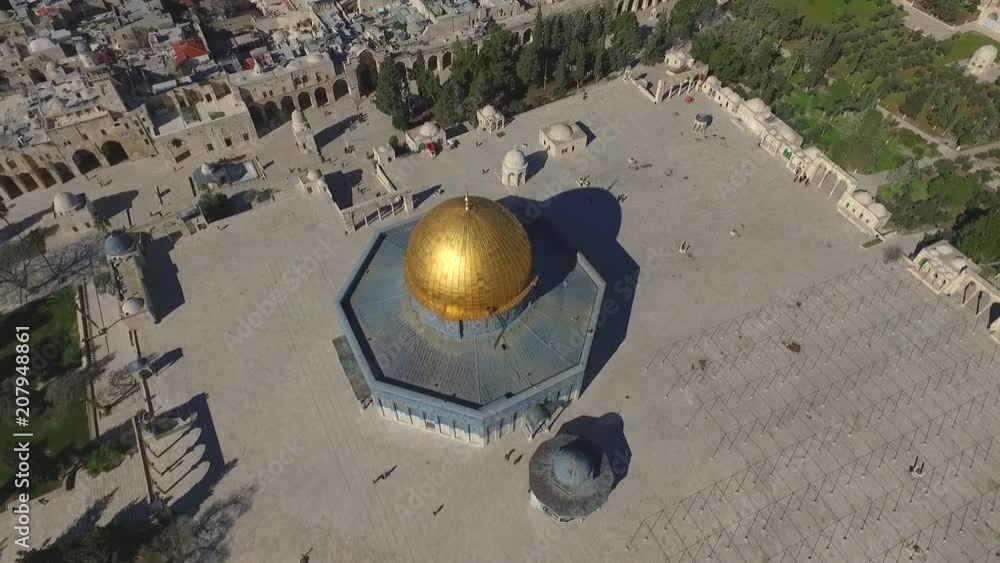 Drone Shot above Al-Aqsa Mosque On Temple Mount Israel. Fly around slow Dome or rock Jerusalem ...
