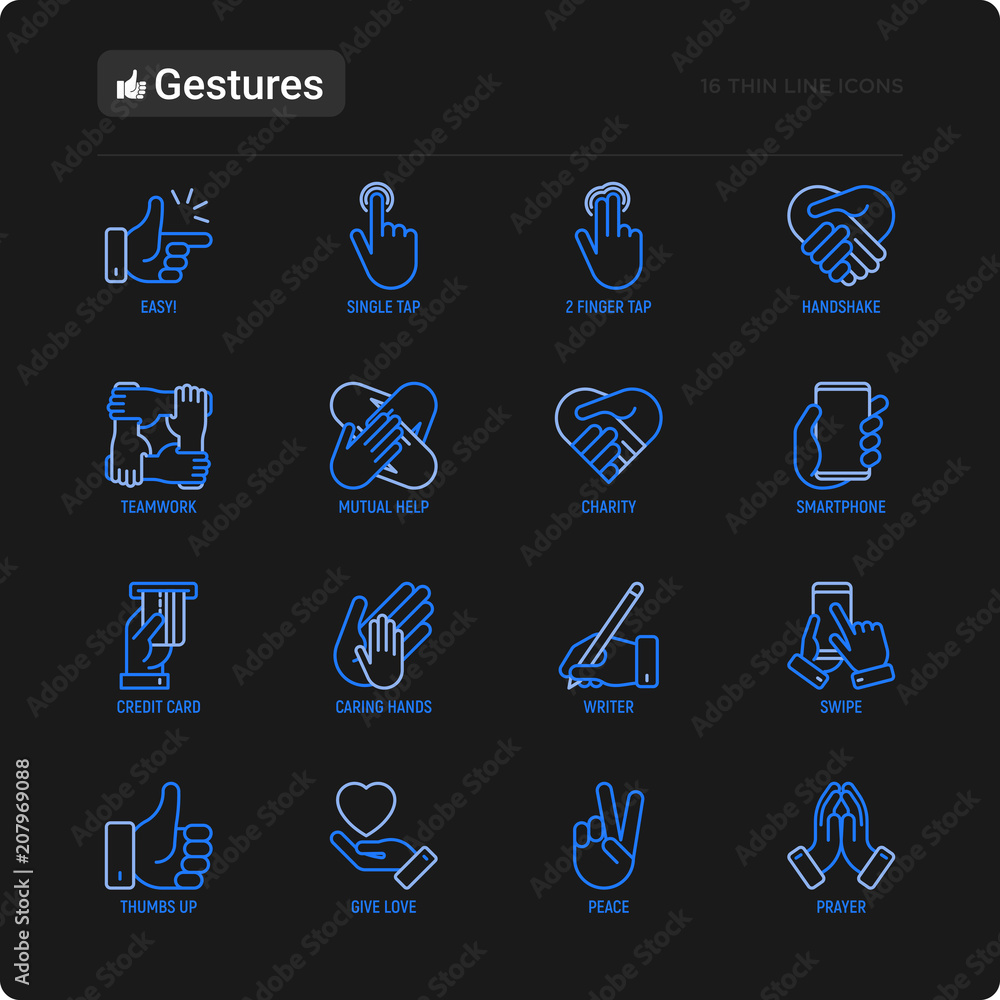 Hands gestures thin line icons set: handshake, easy sign, single tap, 2 ...