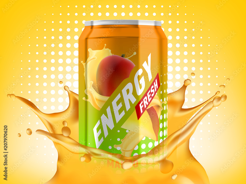 Mango energy drink can in juice splash, soda water branding ready ...