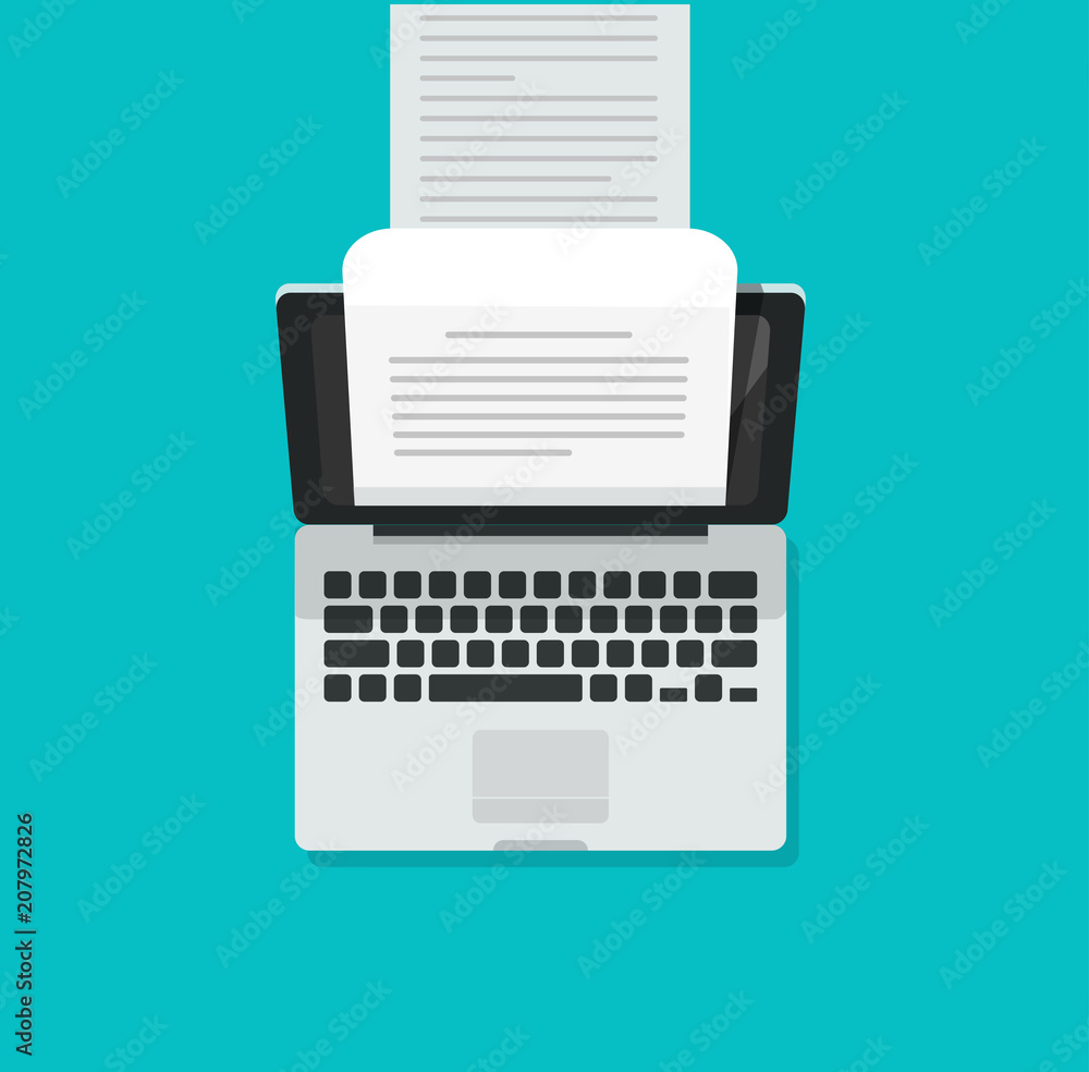 Computer aka typewriter vector illustration, flat cartoon laptop pc and ...