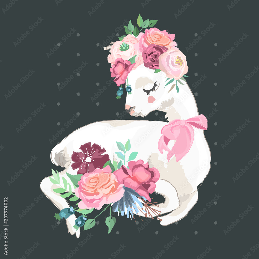 Beautiful llama, alpaca with flowers, floral crown, bouquet and tied ...