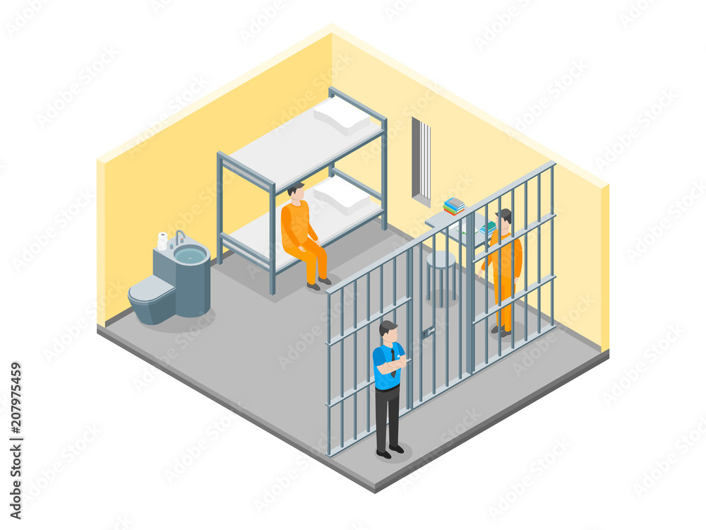 Modern Prison Interior with Furniture and People Isometric View. Vector ...