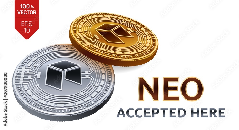 NEO. Accepted sign emblem. Crypto currency. Golden and silver coins ...