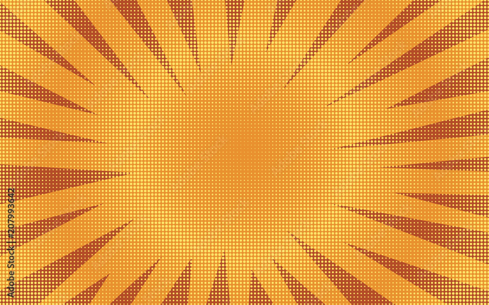 Abstract orange sunny striped retro comic background with radial ...