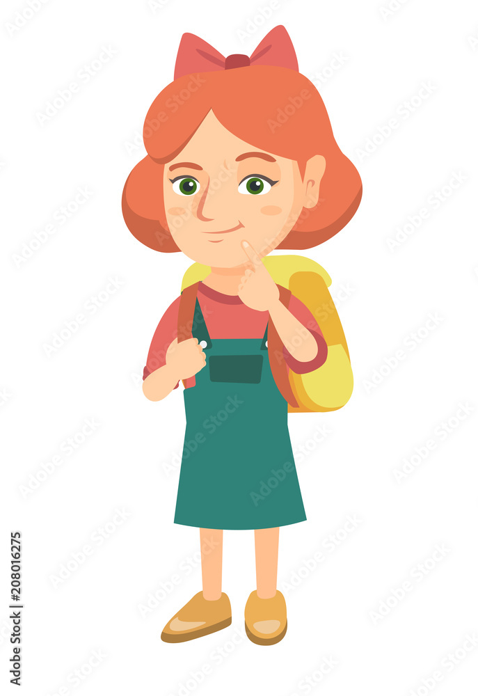 Thoughtful little girl thinking and holding finger on her chin ...