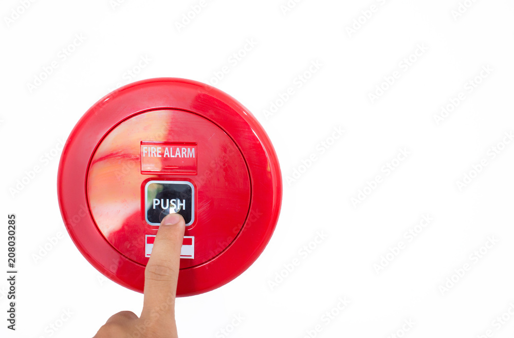 The finger of man Press the button fire alarm on white background Stock ...
