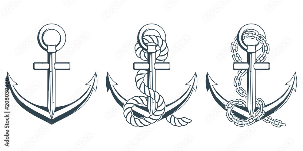 Set of different anchors for marine design. Illustration of a ship's ...
