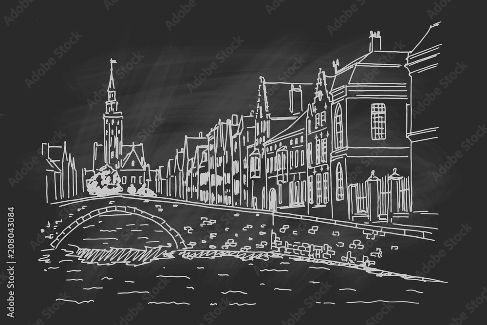 Vector sketch of Traditional architecture in the town of Bruges (Brugge ...