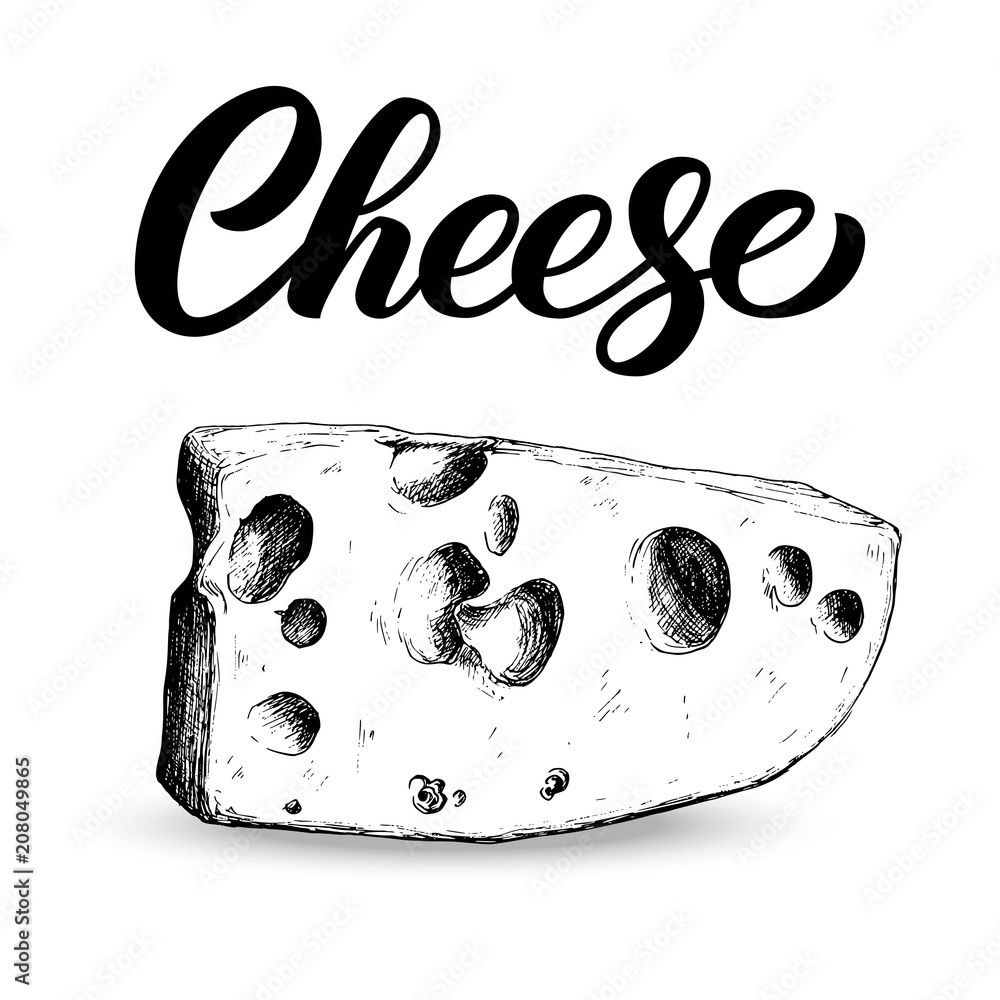 Hand drawn cheese with custom lettering, black and white draft sketch ...