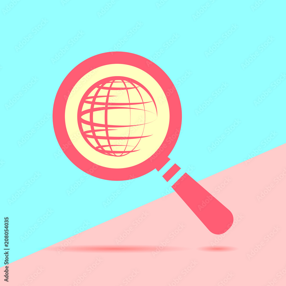 flat modern red magnifying glass with globe planet with shadow on blue ...