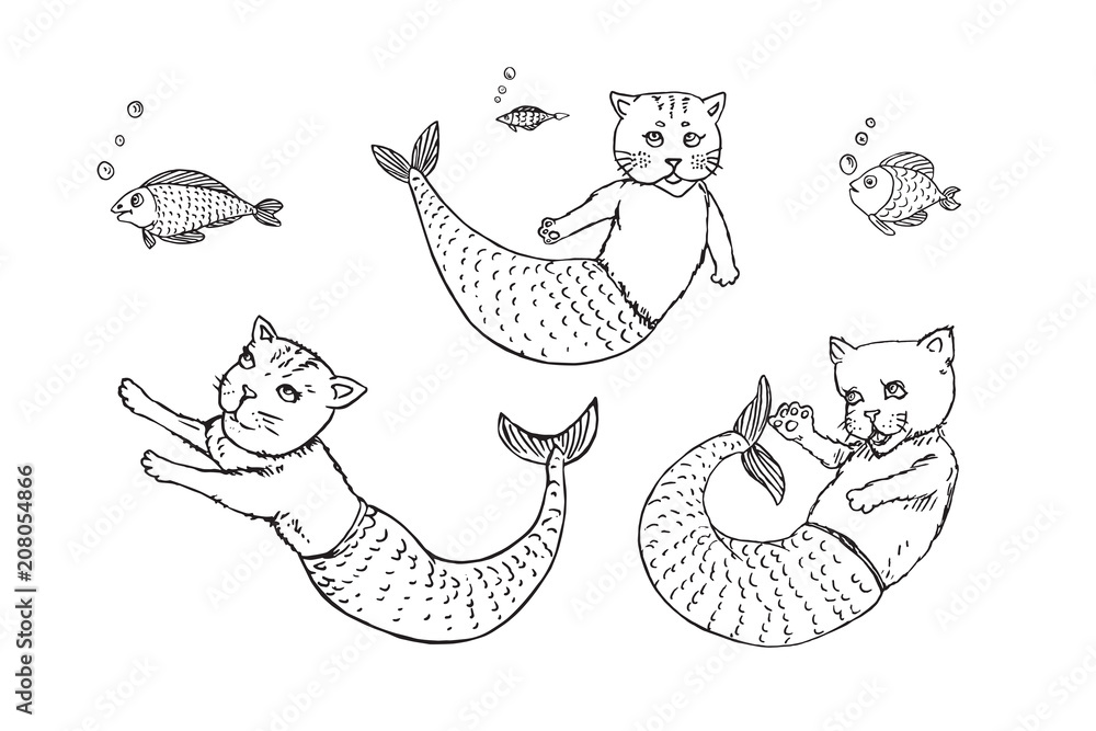 Mermaid cats collection and funny fishes, hand drawn outline doodle ...