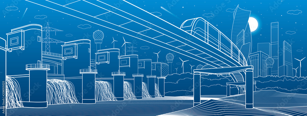 Urban infrastructure and transport illustration. Monorail bridge across ...