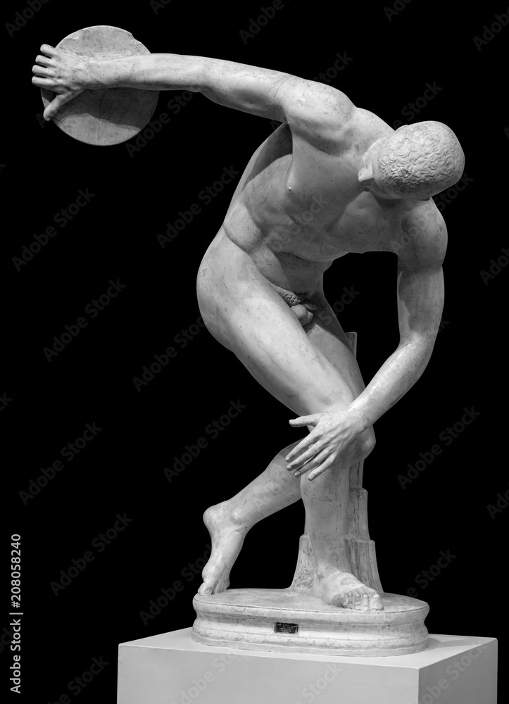 Discus thrower ancient greek marble statue isolated on black Stock ...