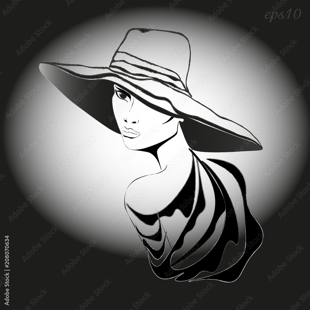 Woman with hat Portrait of a woman wearing a headdress turned in half a ...