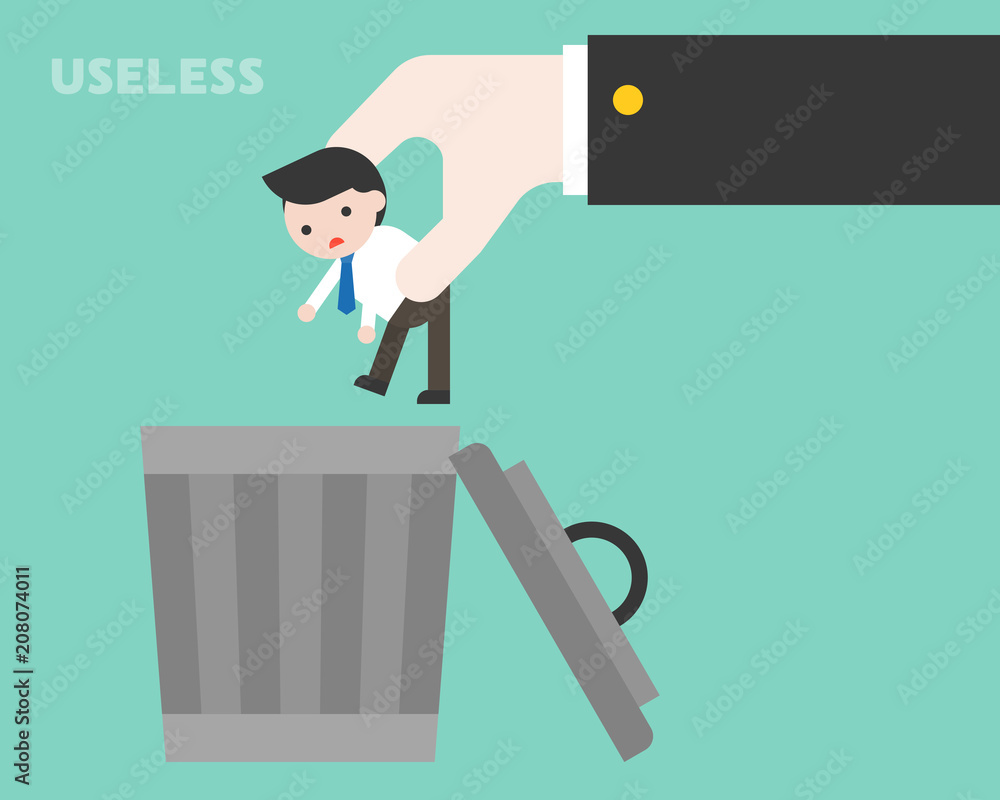 Big business hand throwing small businessman to trash bin, useless ...