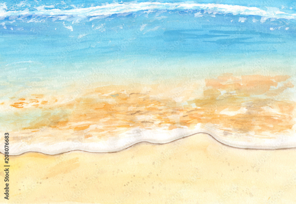Sea shore watercolor. A beach with light waves. Hand-drawn summer ...
