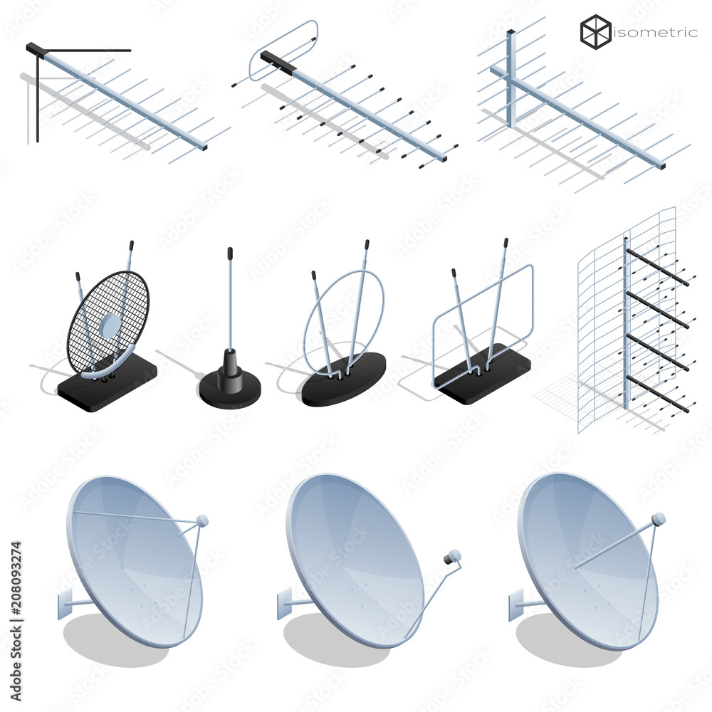Vector tv antenna, realistic satellite antenna TV router, tv isometric ...