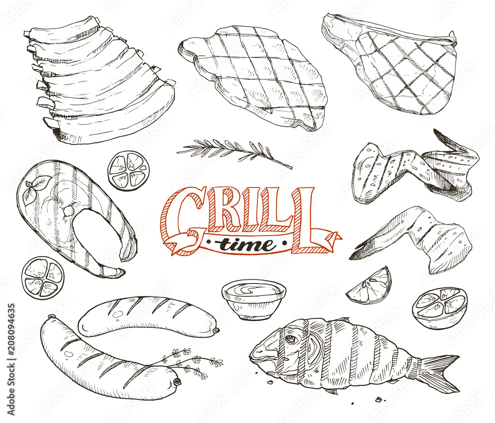 Grill time. Hand drawn bbq meat and fried fish sketches isolated on ...