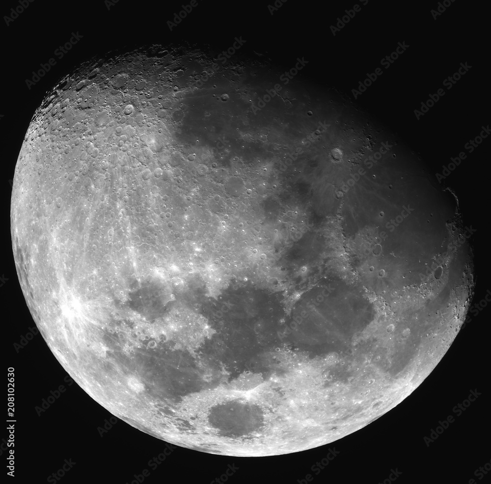 Shining closeup Moon with huge craters in detail, taken all with large ...