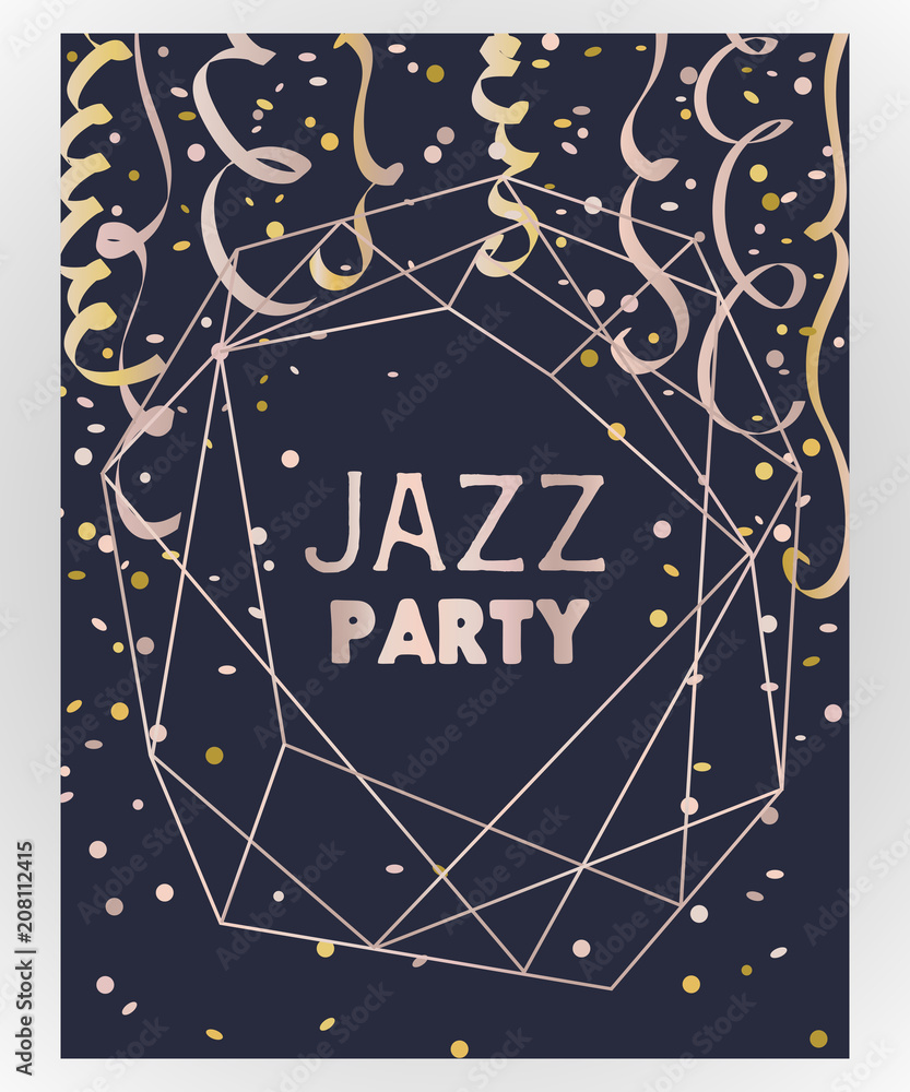 Jazz party invitation. Design template with rose gold polygonal frame ...