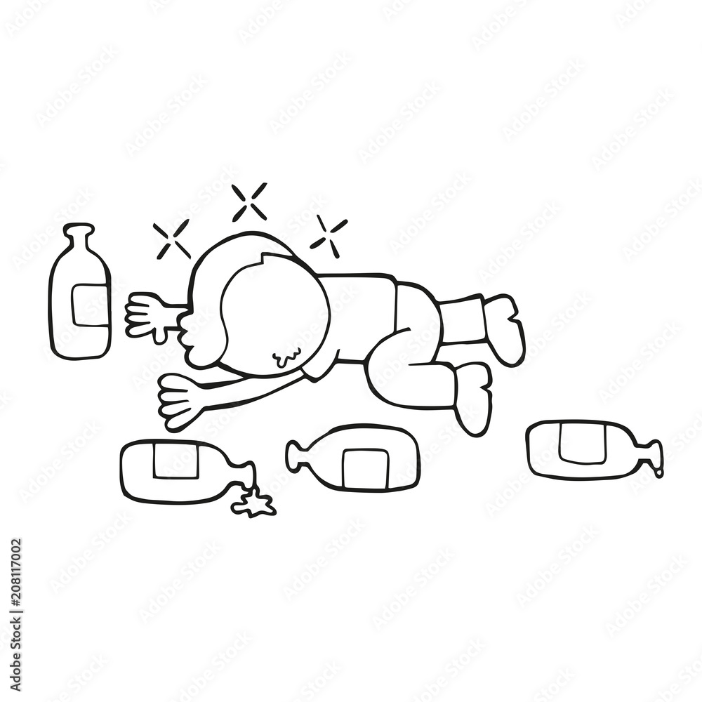 Vector hand-drawn cartoon of drunk man lying on floor with empty beer ...