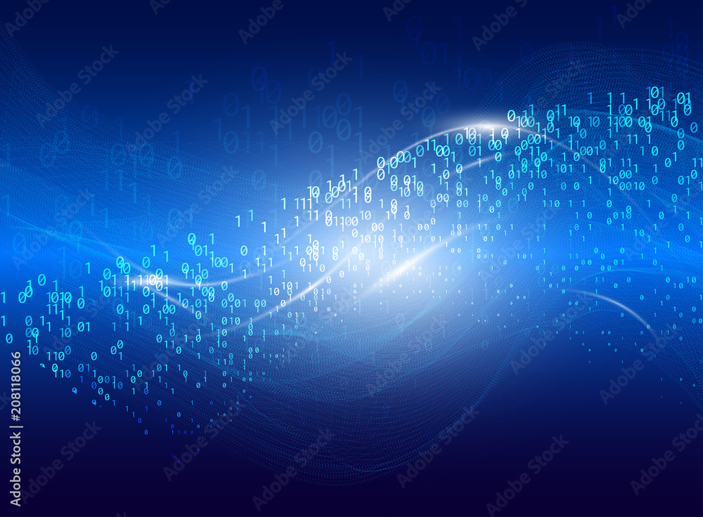 Abstract transforming virtual space. Futuristic vector illustration of binary code particles and ...