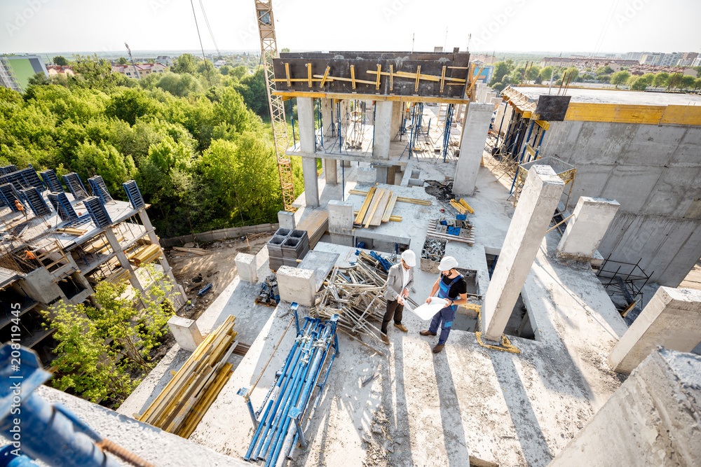 Top view on the construction site of residential buildings during the ...