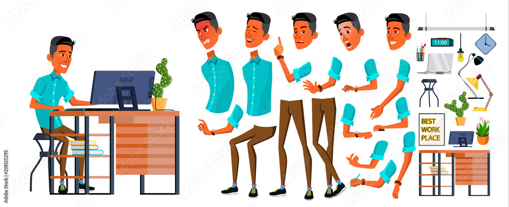 Office Worker Vector. Face Emotions, Various Gestures. Animation ...